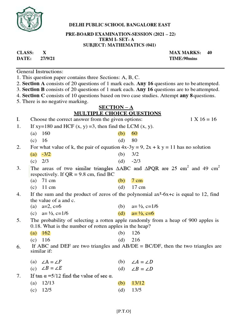 5313 Ques Sheet 3212MATHSETA QP STD X PRE BOARD1 Sept 202122updated | PDF | Mathematical Objects ...