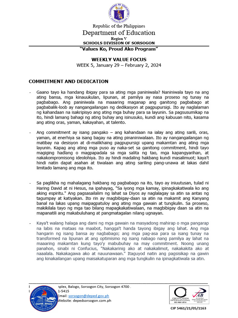 Weekly Value Focus Commitment and Dedication | PDF