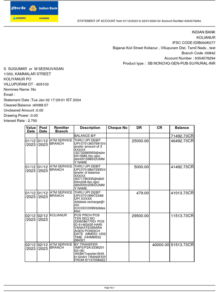 StatementOfAccount 6354576294 02012024 172901 | PDF | Automated Teller Machine | Cheque