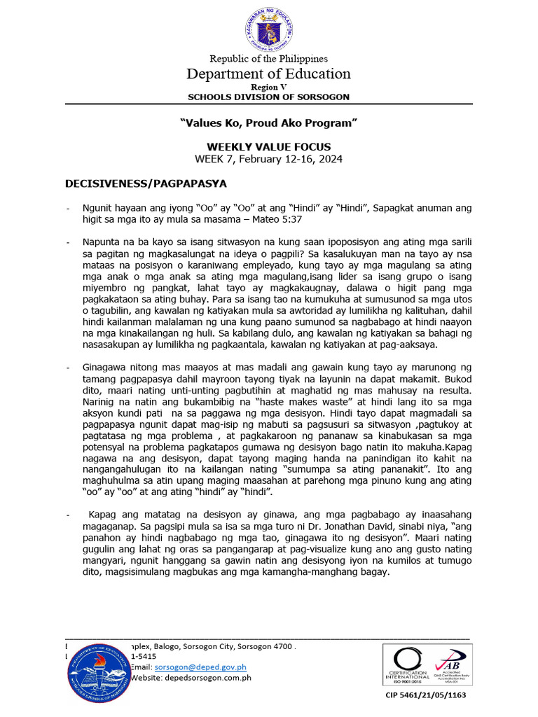 Weely-Value-Focus-PAGPAPASYA | PDF