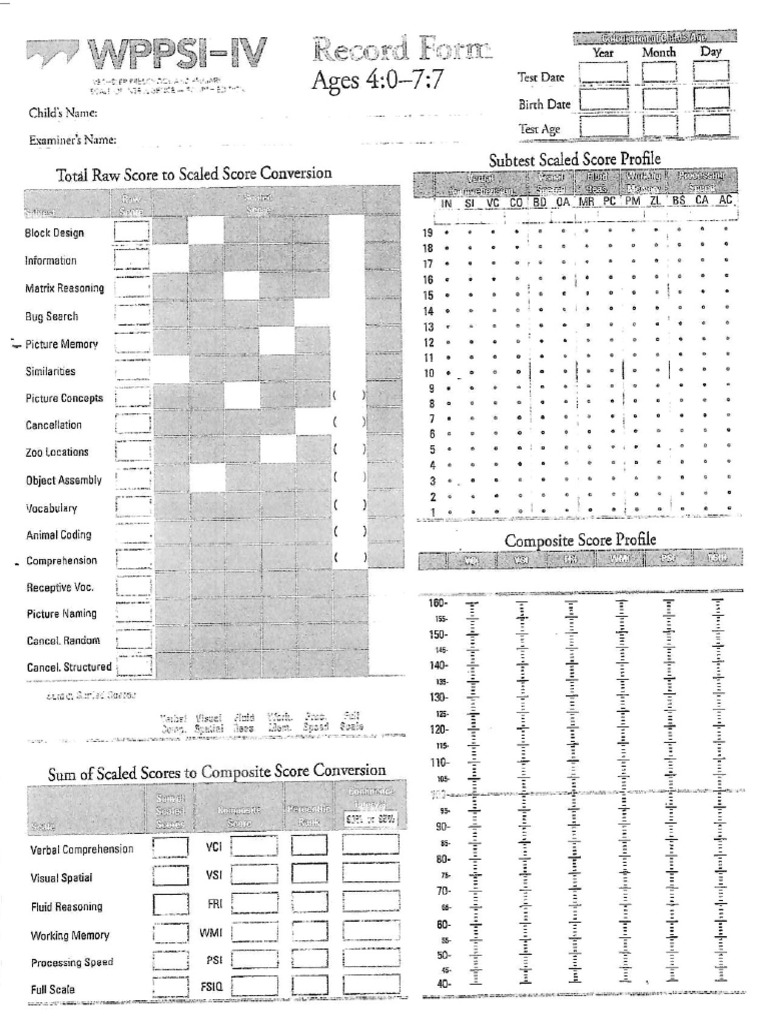 WPP IV Record Form Ages 4 To 7 | PDF
