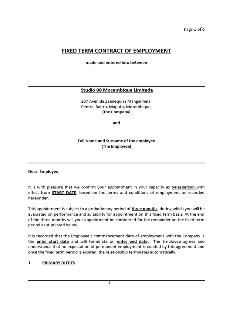 Fixed Term Contract Employment - Mozambique FTC For Review | PDF | Sick ...