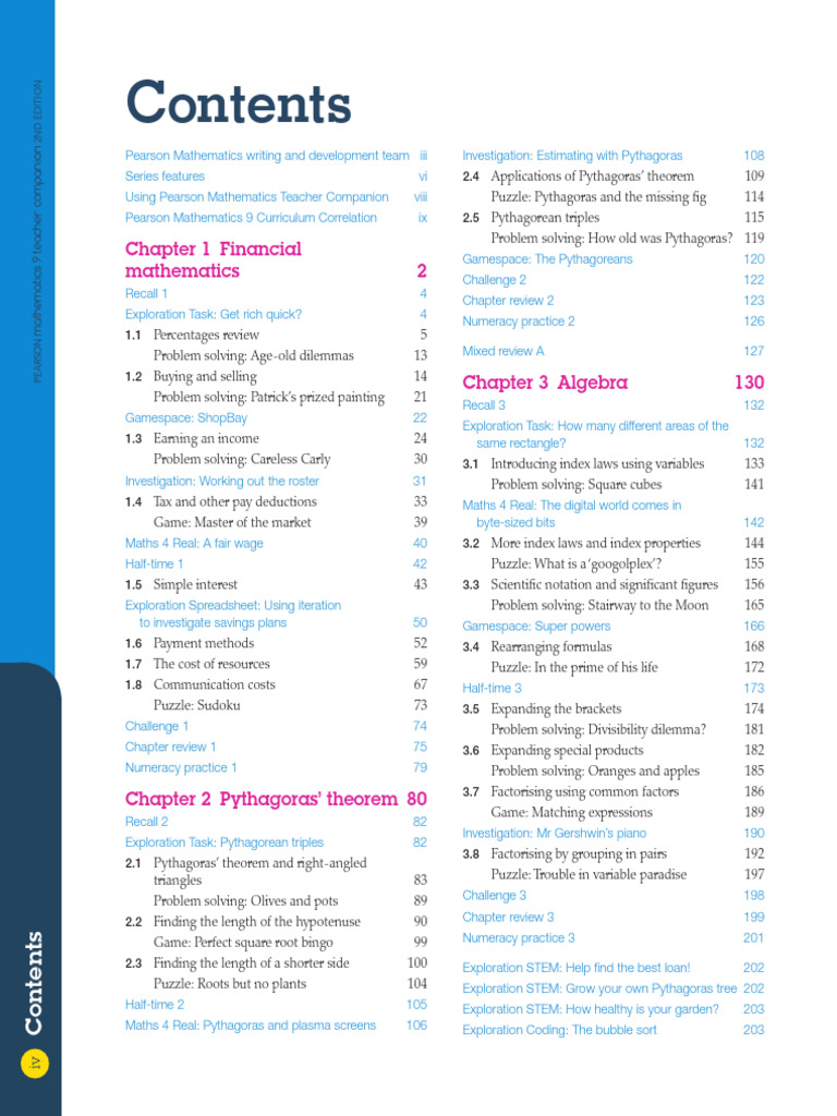 Pearson Mathematics Year 9 Teacher Companion Table of Contents | PDF ...