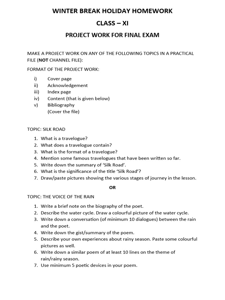 Winter Break Holiday Homework Eng Xi | PDF