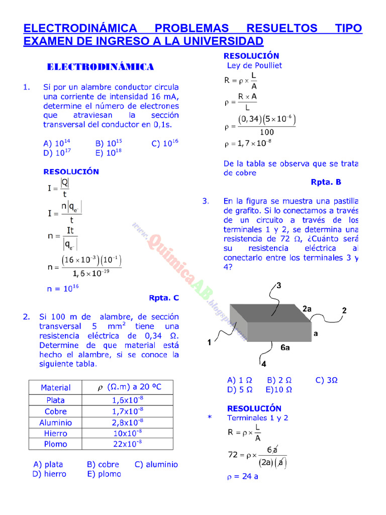 Electrodinámica Problemas Resueltos Tipo Examen de Ingreso A La Universidad | PDF | Resistencia ...