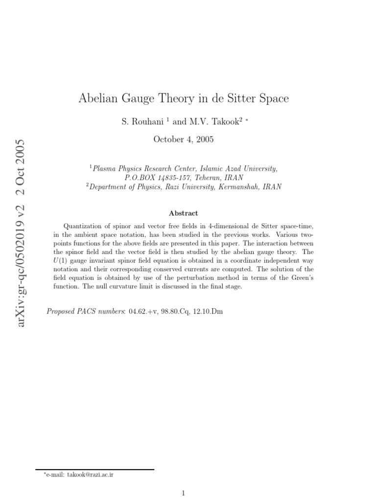 Abelian Gauge Theory In De Sitter Space Pdf Field Physics Gauge