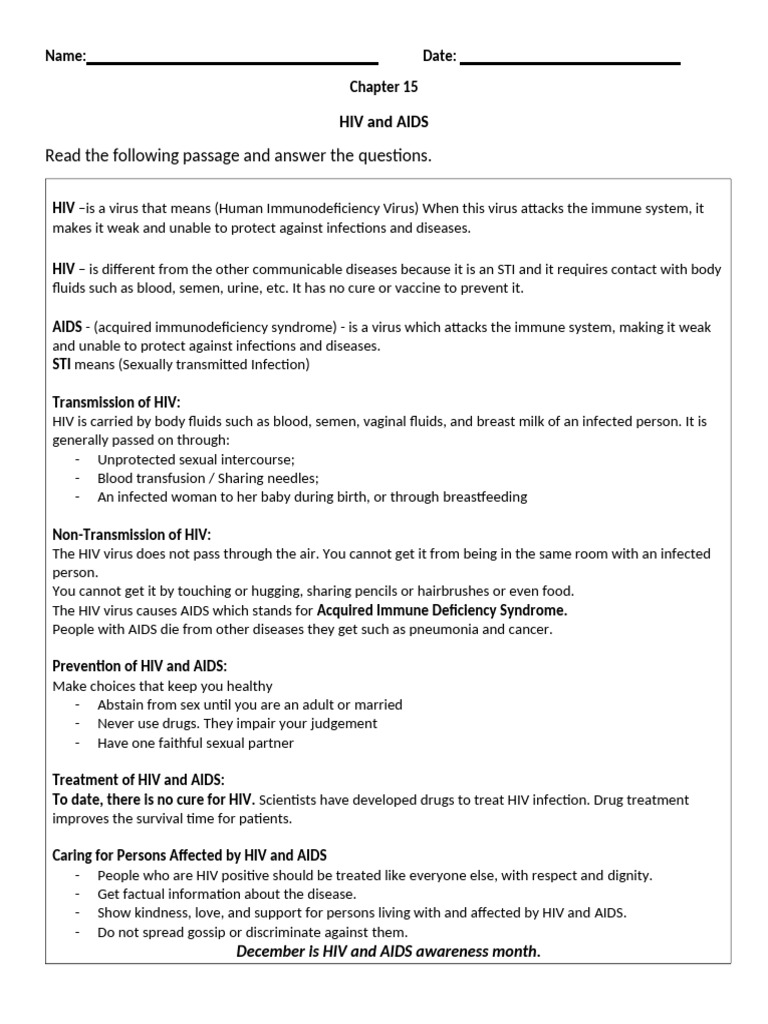 Worksheet For Aids and Hiv | PDF | Hiv/Aids | Sexually Transmitted ...