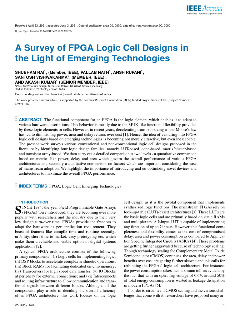 Survey Fpga Ieee Access Pdf Field Programmable Gate Array Logic Gate