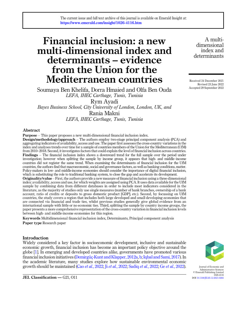 Financial Inclusion: A New Multi-Dimensional Index and Determinants - Evidence From The Union ...