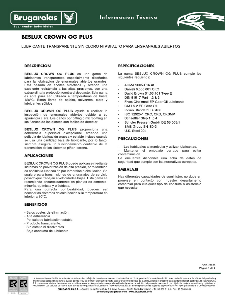 Ft-Brugarolas Beslux Crown Og Plus (30.01.20) | PDF | Lubricante ...