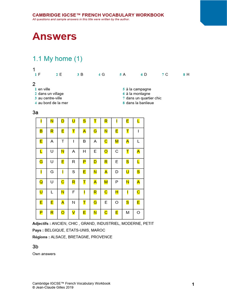 Cam IGCSE French Vocab WB Answers | PDF