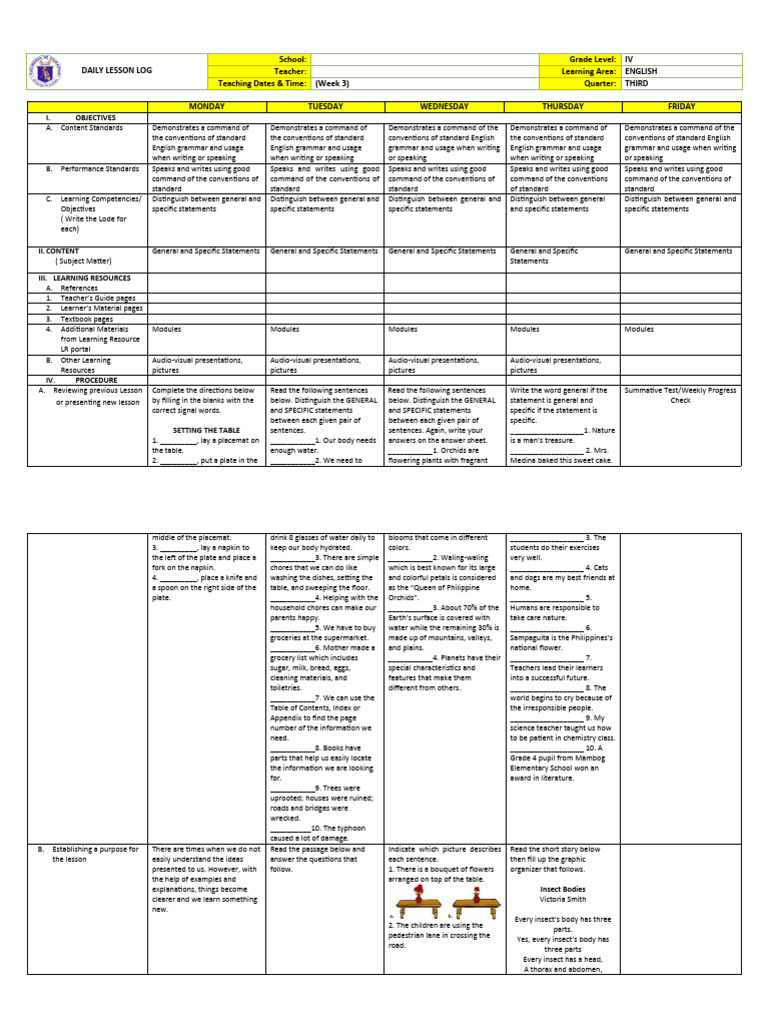 DLL - English 4 - Q3 - W3 | PDF | Insects | Grammar DLL - English 4 - Q3 - W3 | PDF | Insects | Grammar