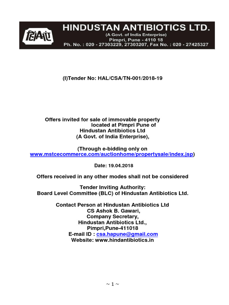 HAL Property Sale Tender 2018-19 | PDF | Power Of Attorney | Auction