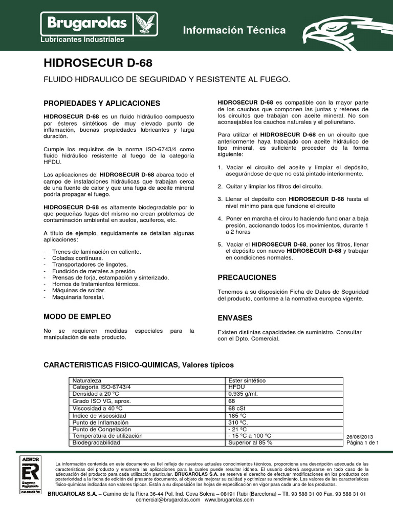 Ft-Brugarolas - Hidrosecur - D-68 - (26-06-2013) | PDF | Lubricante | Materiales