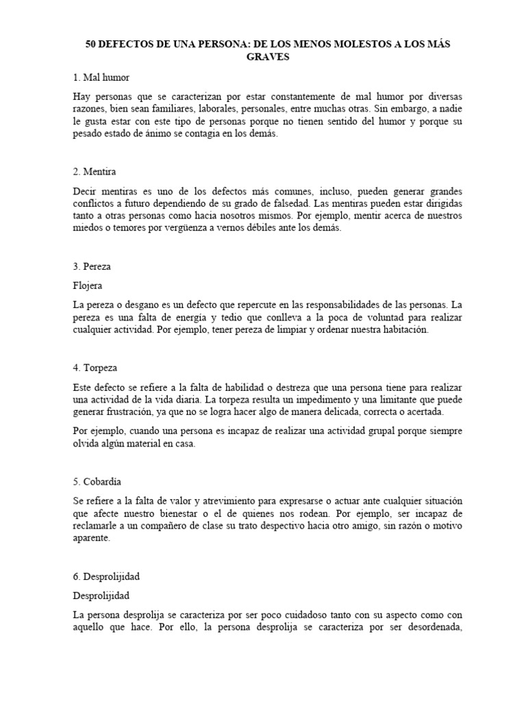 50 Defectos de Una Persona de Los Menos Molestos A Los Mas Graves | PDF ...