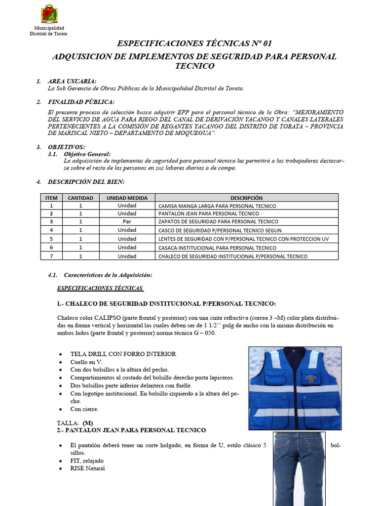 Especificaciones Técnicas Epp Alto Otora Dtr | PDF | Ropa | Moda