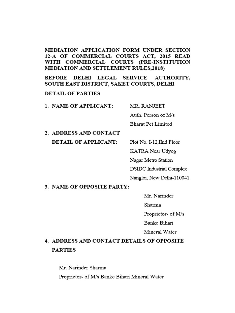 MEDIATION APPLICATION FORM UNDER SECTION 12 | PDF