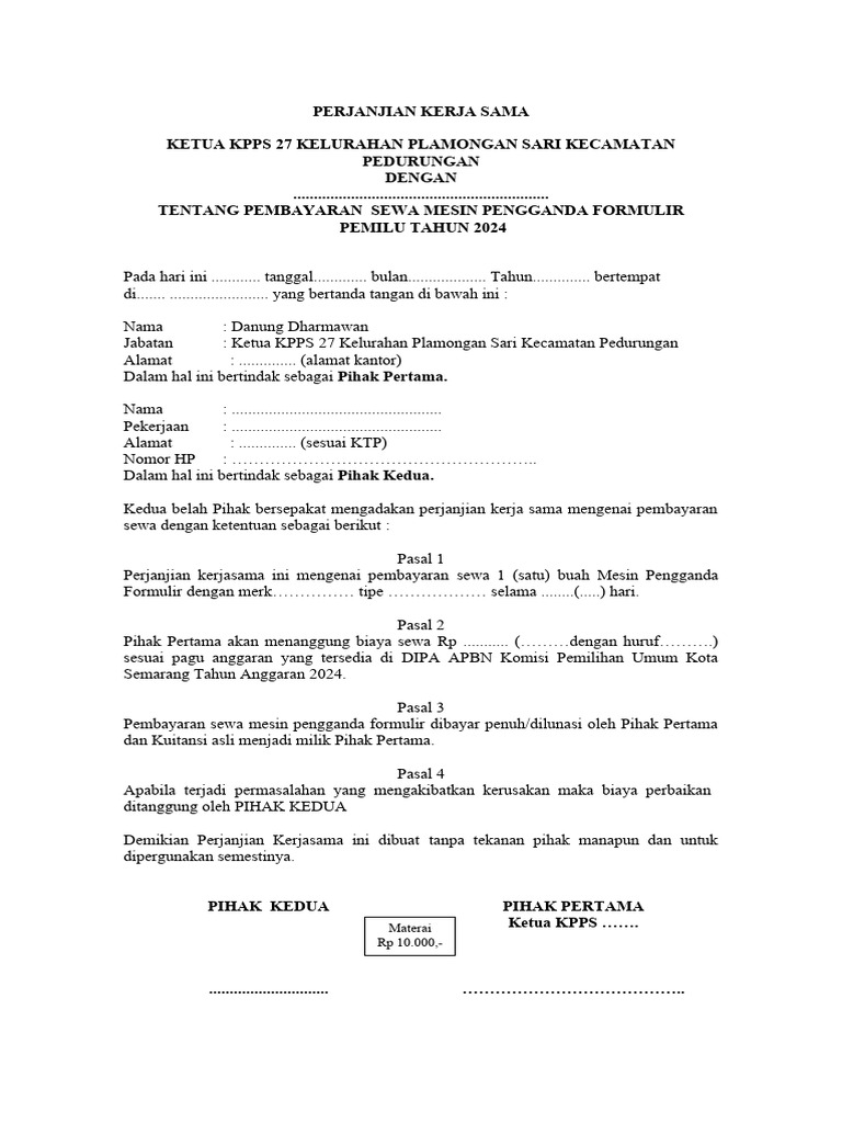 Edit Format Perjanjian Sewa Mesin Pengganda Formulir | PDF