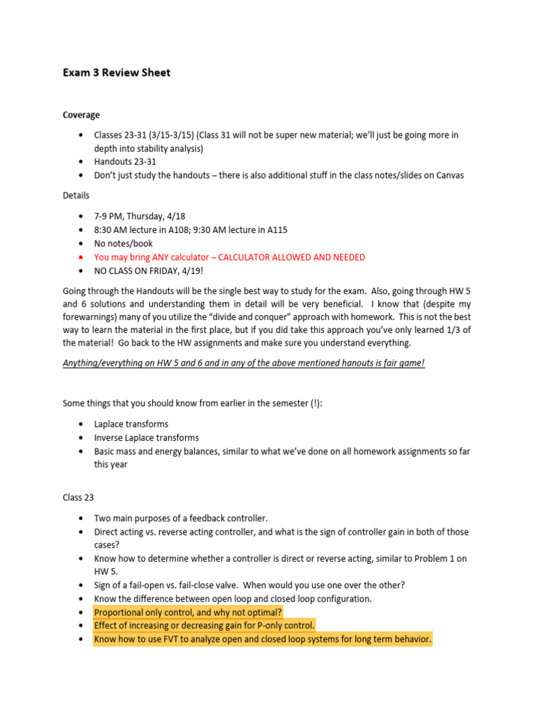 Exam 3 Review Sheet | PDF | Control Theory | Applied Mathematics