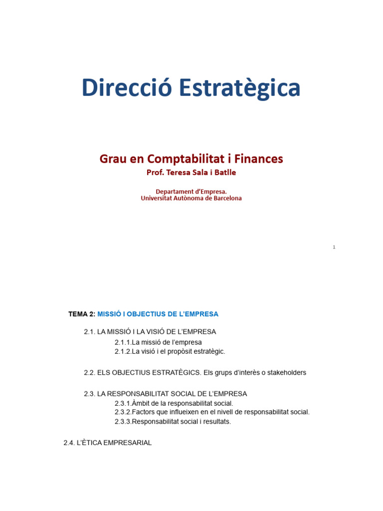 0 Tema 2 Missio, Visio I Objectius de Lempresa | PDF