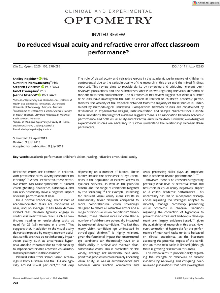 Vision's Impact on Classroom Learning | PDF | Visual Acuity | Optometry