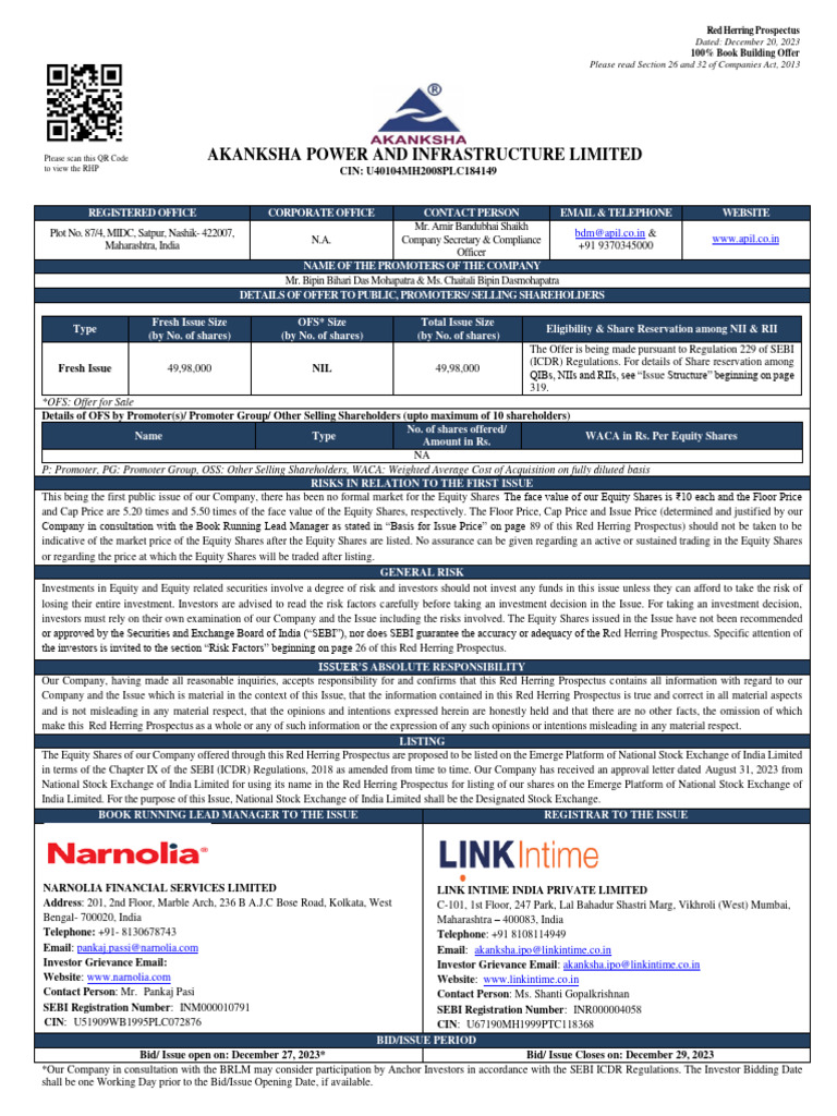 Akanksha Power and Infrastructure Ltd_RHP | PDF | Stocks | Investing