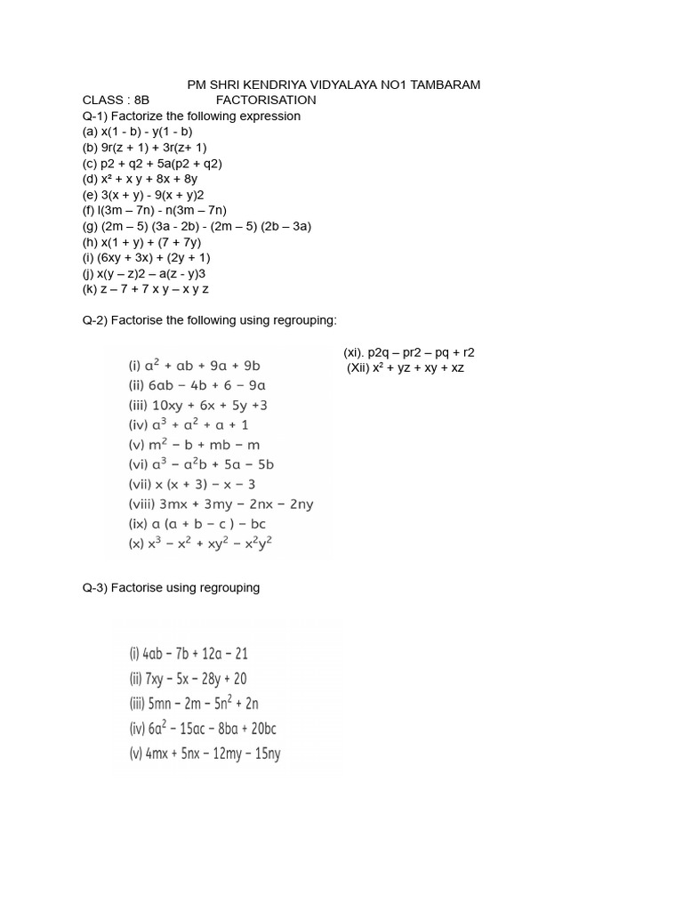 Worksheet - Factorisation | PDF