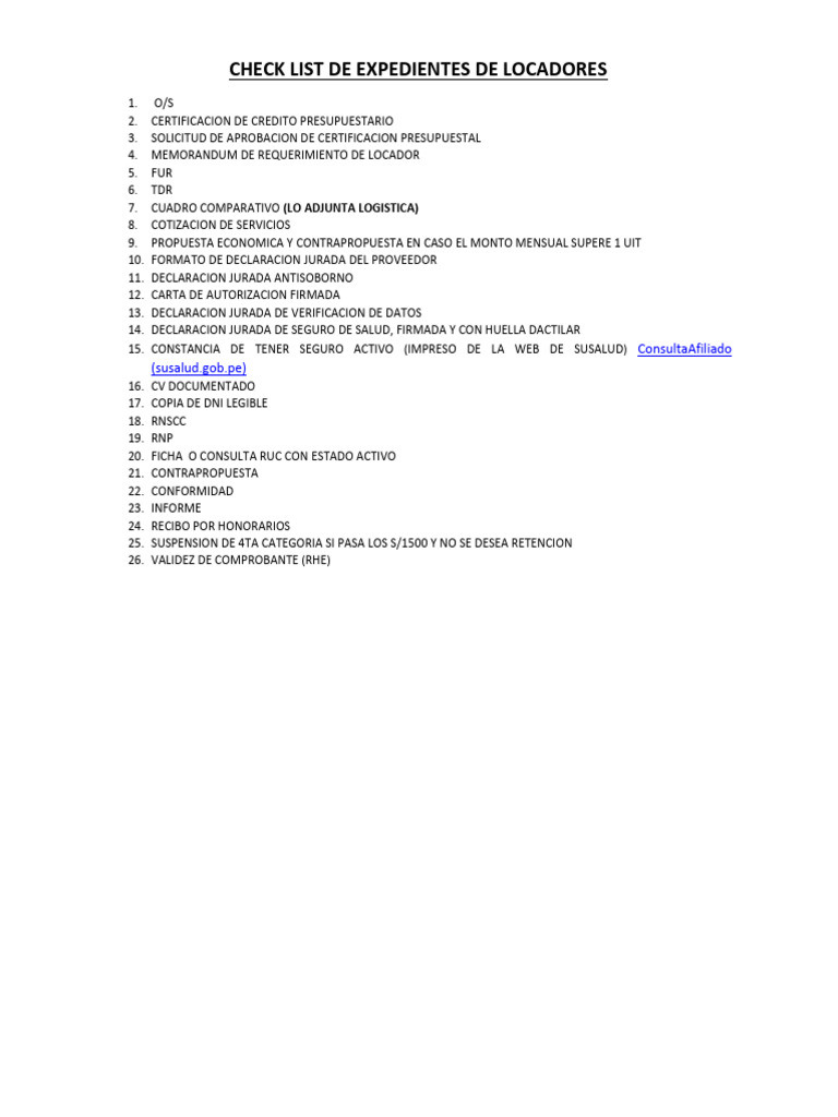 Check List Expedientes Locadores | PDF