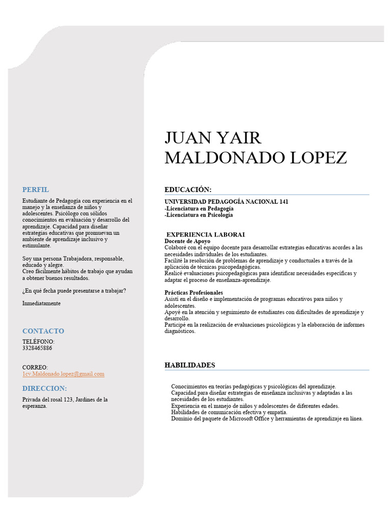 Juan Yair Maldonado Lopez CV 2 | PDF | Aprendizaje | Enseñando