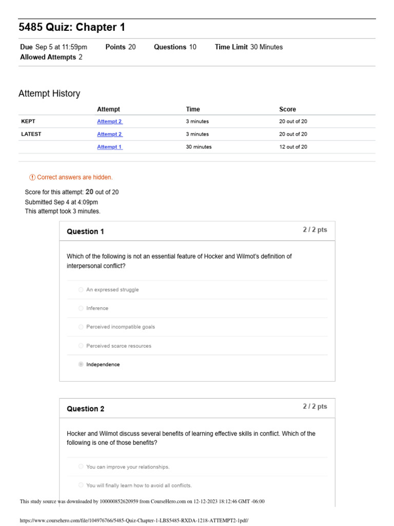 5485 Quiz Chapter 1 LBS5485 RXDA 1218 ATTEMPT2 1 PDF | PDF | Human Communication | Interpersonal ...