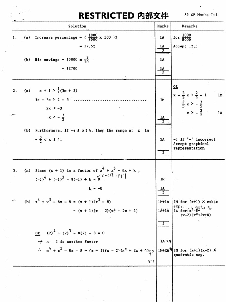 Maths 1989 Paper I Marking Scheme | PDF