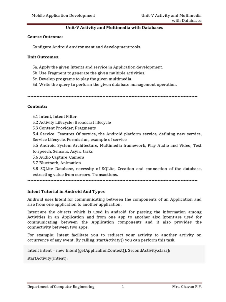 Unit 5 Activity and Multimedia With Databases | PDF | Android (Operating System) | Application ...