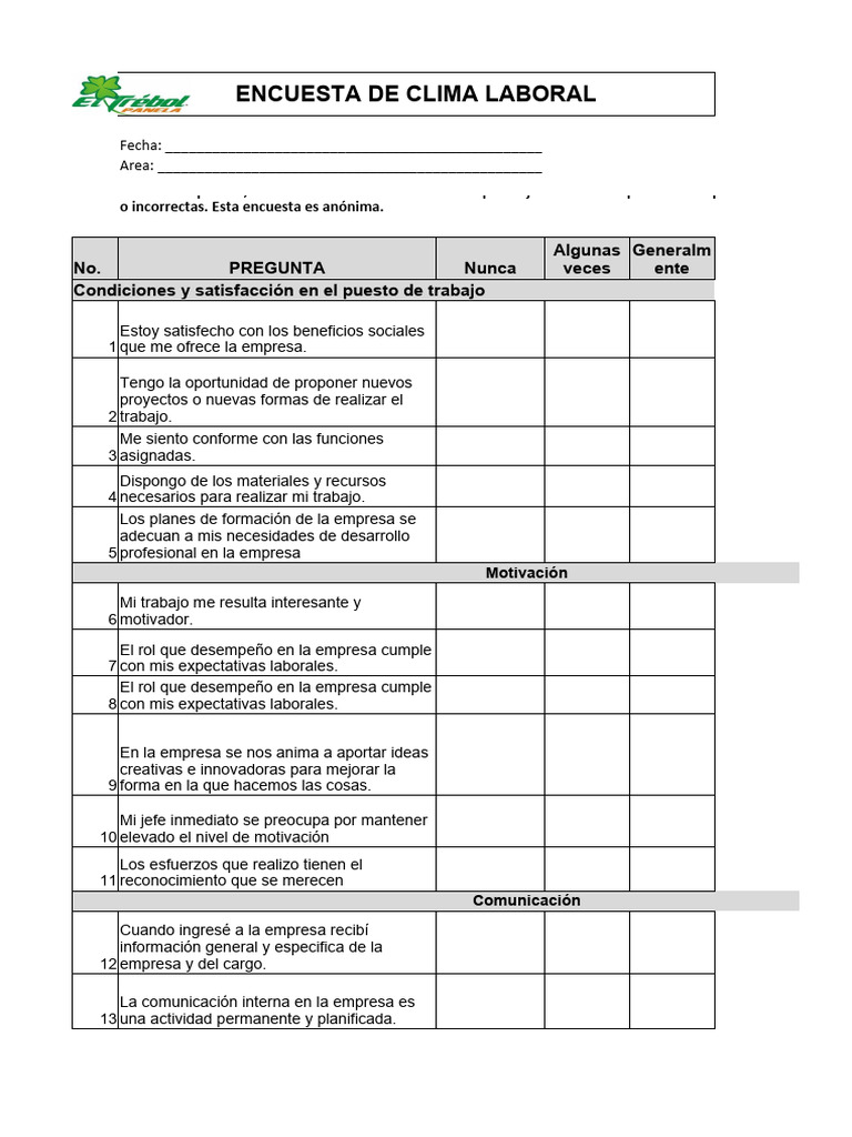 Formato Encuesta Clima Laboral | Descargar gratis PDF | Business ...