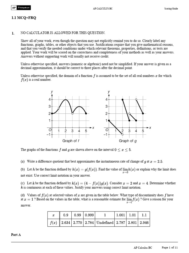 1.1 MCQ+FRQ: Ap Calculus BC Scoring Guide | PDF | Function (Mathematics ...