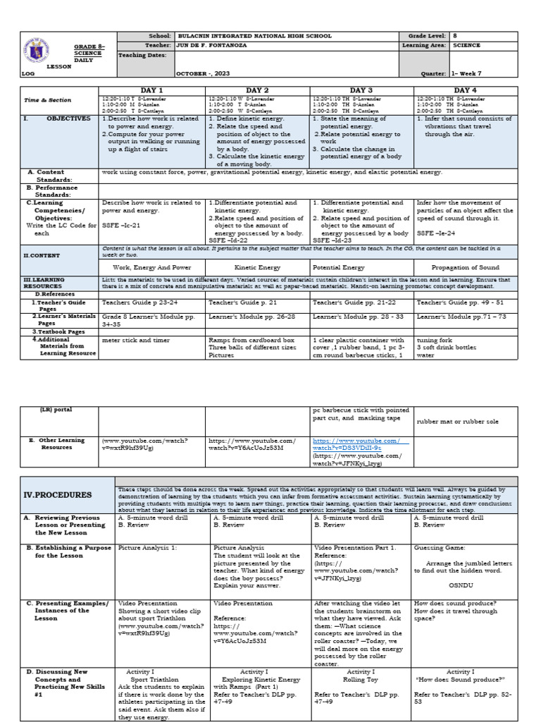 Science 8 DLL Q1 Week 7 | PDF | Potential Energy | Learning