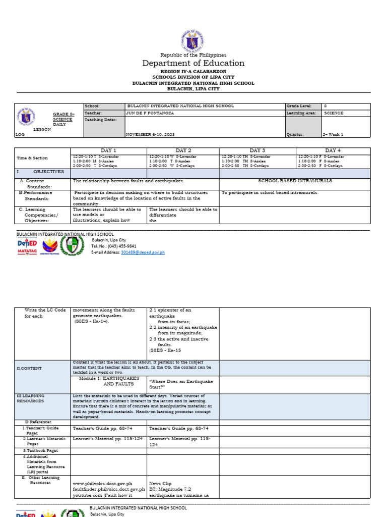 DLL-Science-8-Q2-Week 1 | PDF | Learning | Earthquakes
