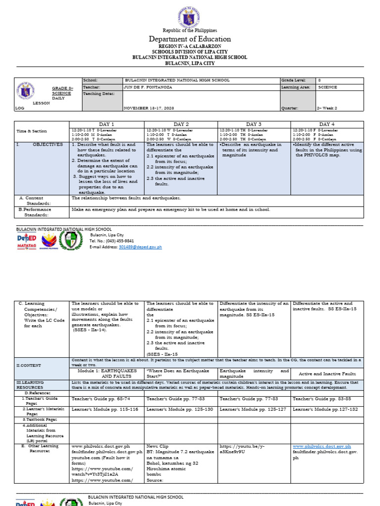 DLL-Science-8-Q2-Week 2 | PDF | Earthquakes | Learning