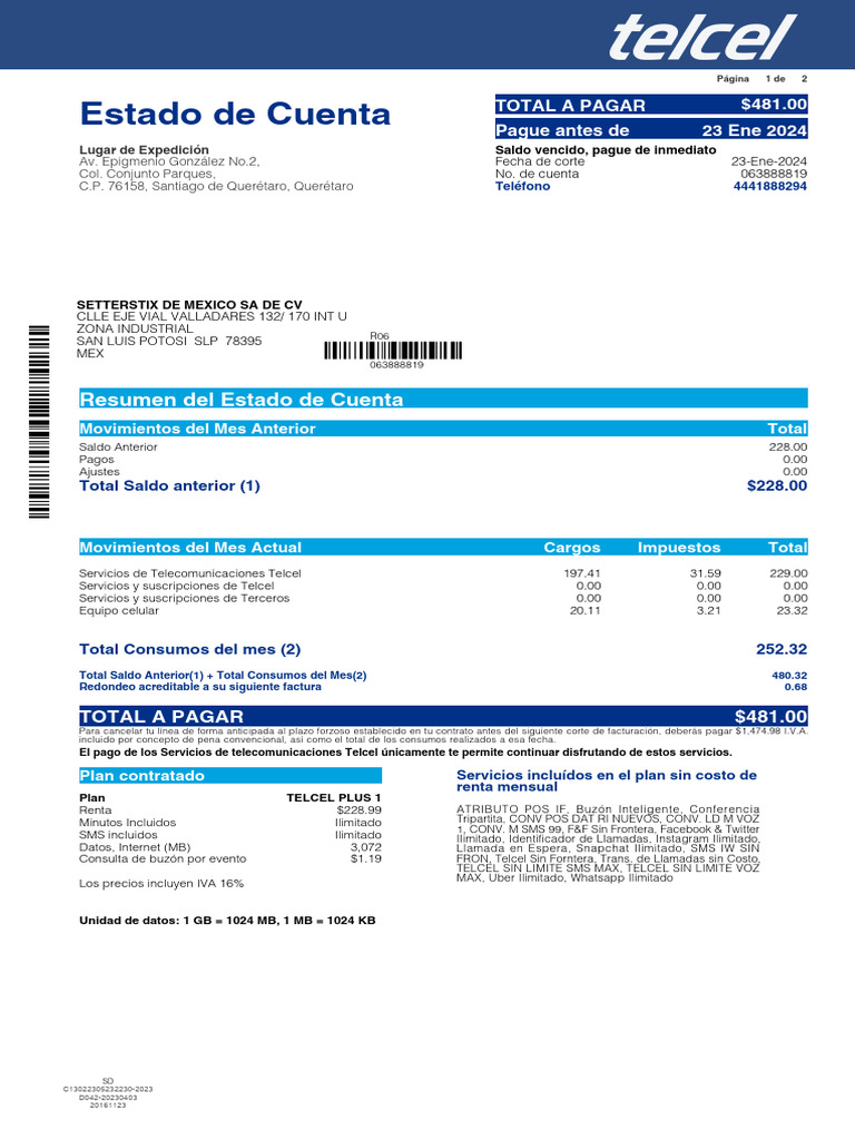 Factura Telcel - 105432 | PDF | Telecomunicaciones | Pagos