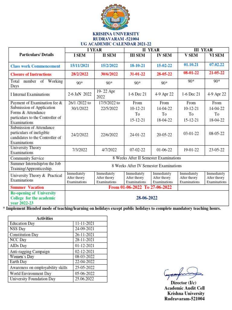 UG Academic Calandar For The AY 2021 22 08012022 | PDF | Academic Term | Festival