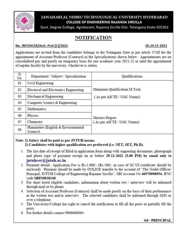 JNTUHCER Assistant Professor Contract Notification 24 22 2021 | PDF ...