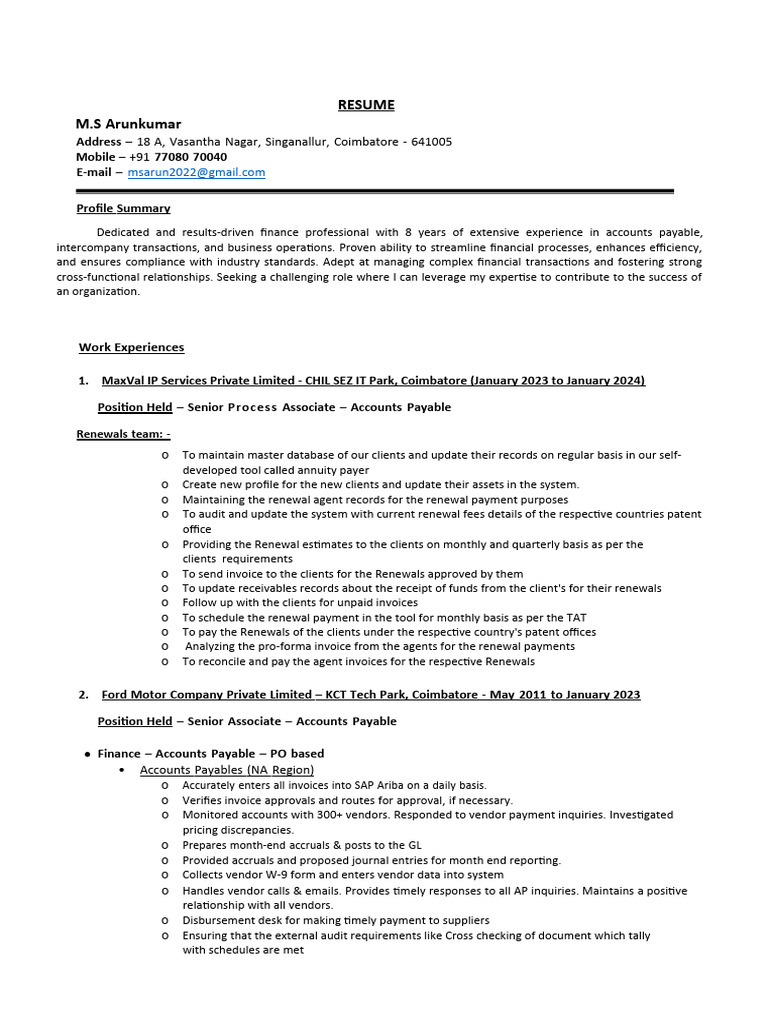 Resume - Arunkumar M.S | PDF | Accounts Payable | Business Economics
