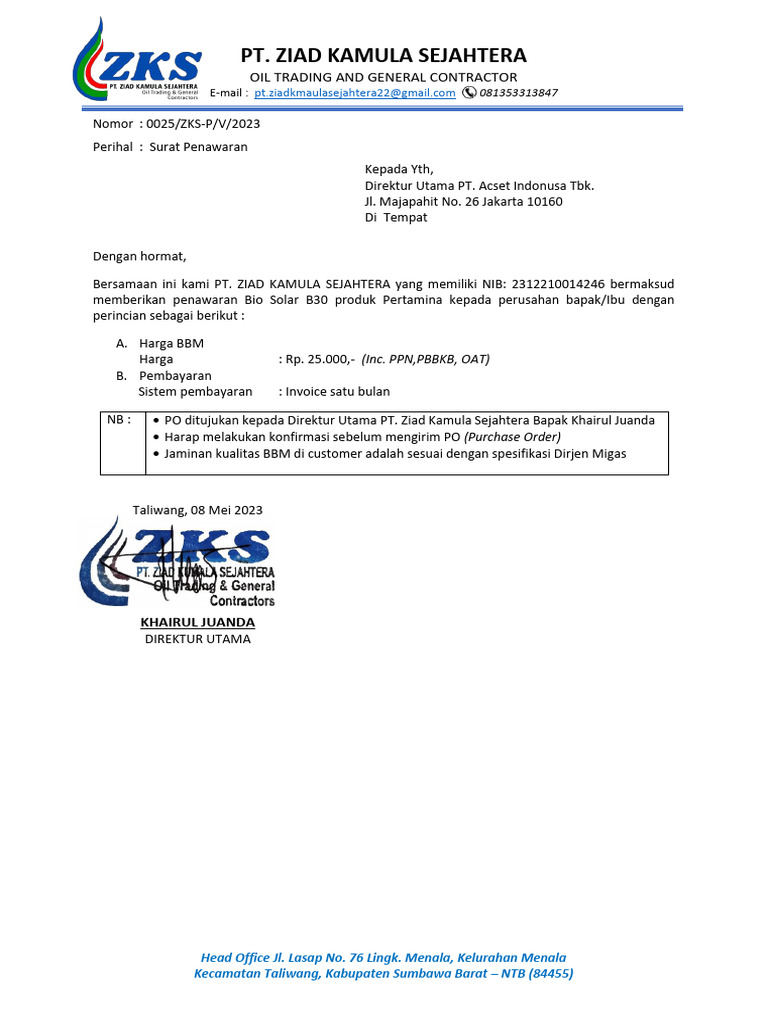 Surat Penawaran Solar - PT. ACSET | PDF