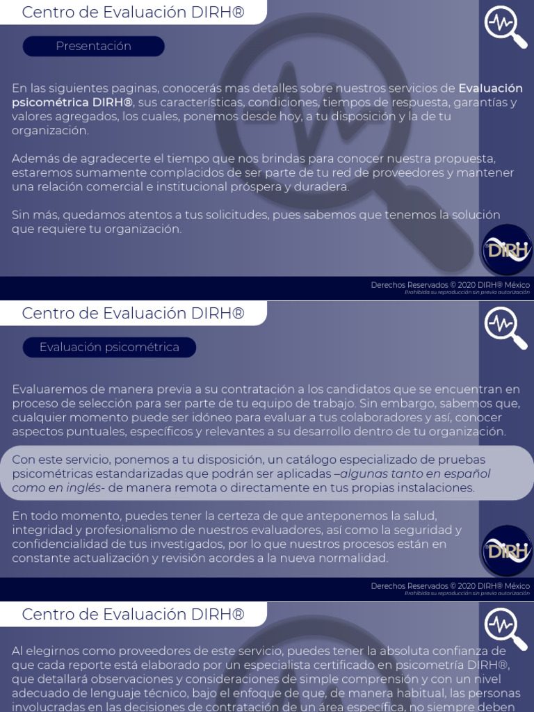 Evaluación Psicométrica DIRH® (Brochure) | PDF | Evaluación | Inteligencia