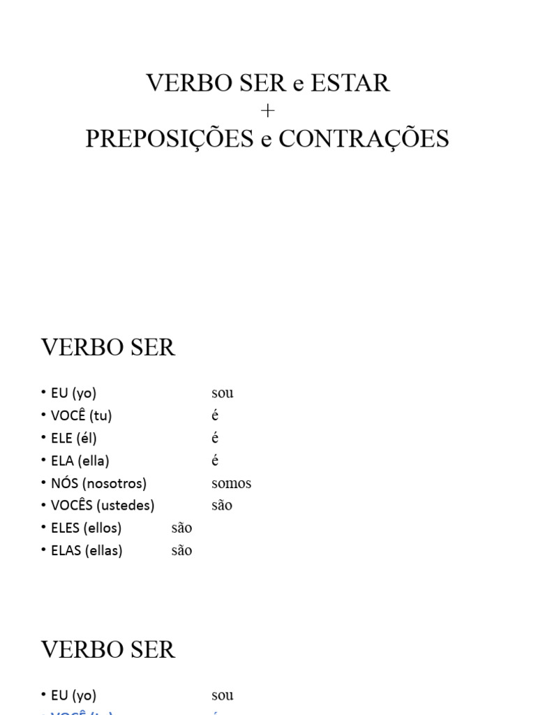 VERBO SER e ESTAR + PREPOSIÇÕES e CONTRAÇÕES | PDF
