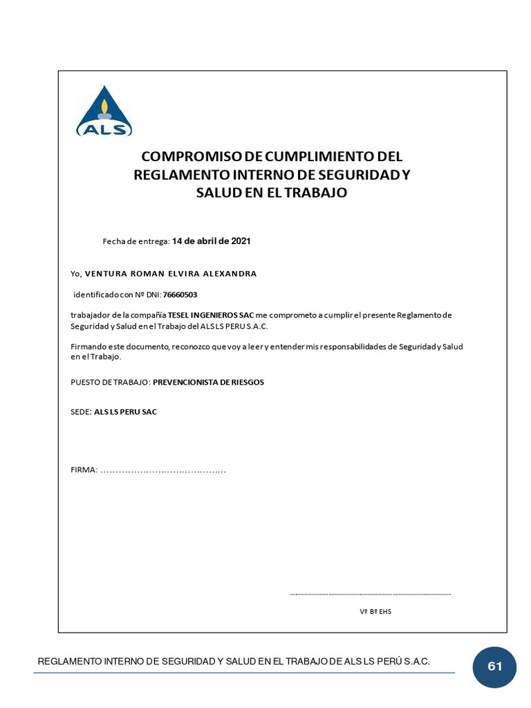 FIRMA Reglamento Interno SST ALS LS PERU SAC | PDF