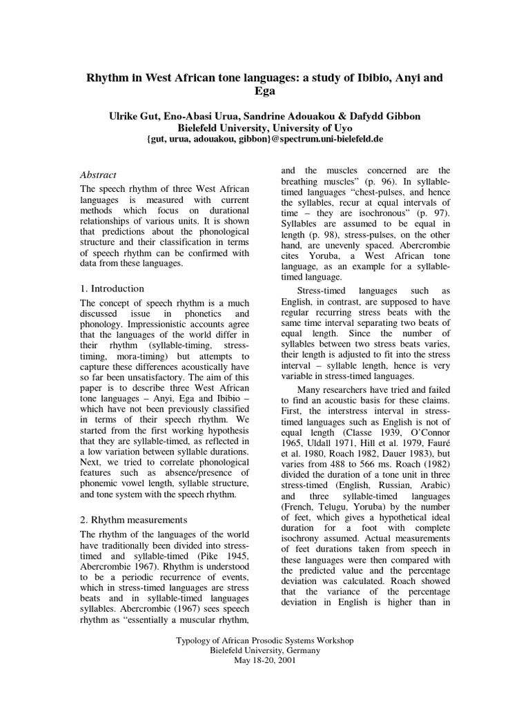 Rhythm in West African Tone Languages A Study of Ibibio, Anyi and Ega ...