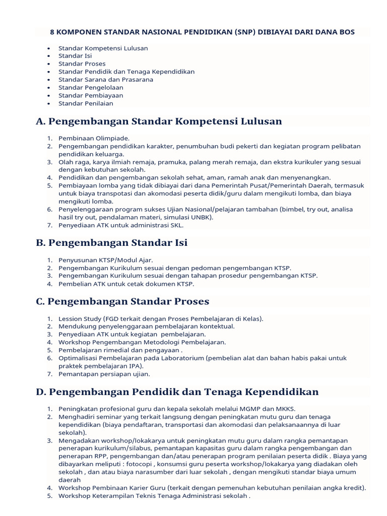 Delapan Komponen SNP dan Pembiayaannya | PDF