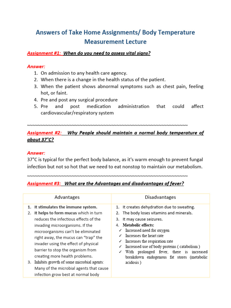 Answers of Take Home Assignments | PDF | Fever | Infection