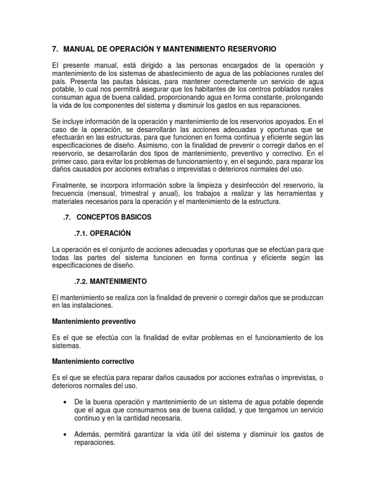 07.manual de Operación y Mantenimiento Reservorio | PDF | Agua | Reservorio