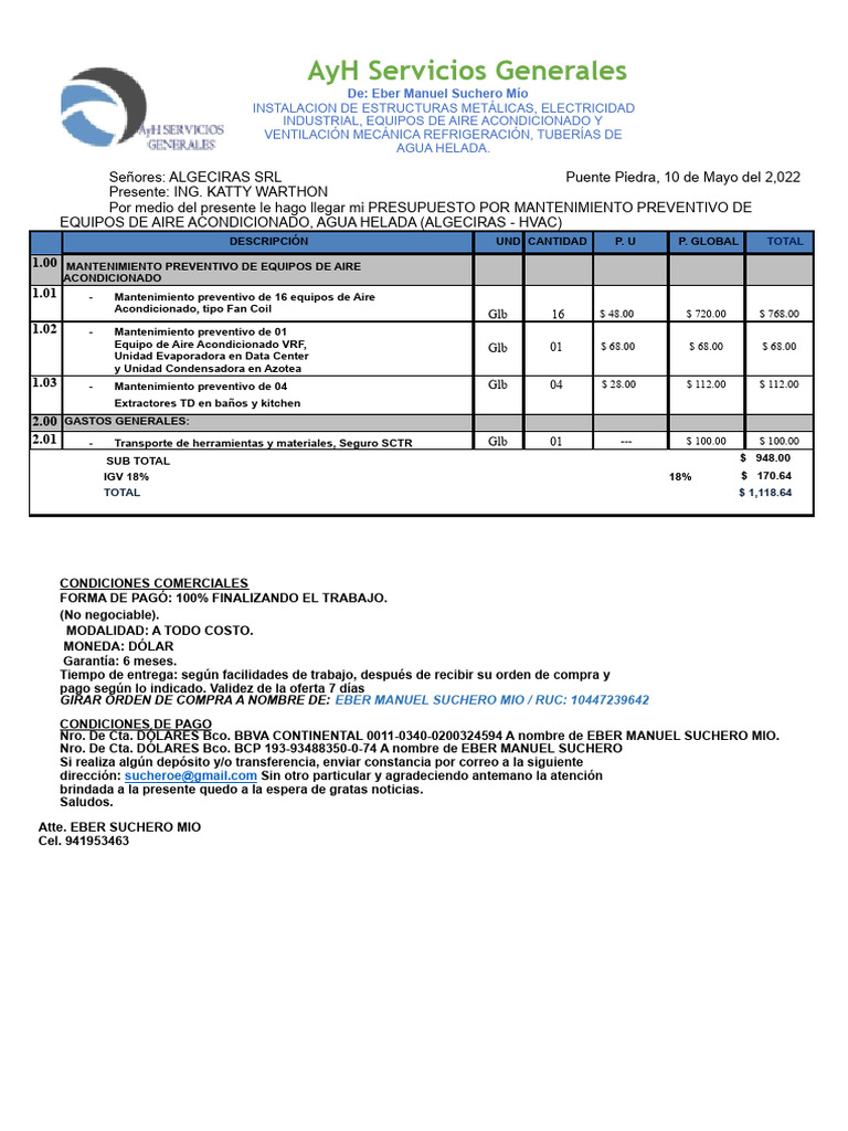 COTIZACION Y PROCEDIMIENTO DE MANTENIMIENTO HVAC ALGECIRAS (REv 1 ...